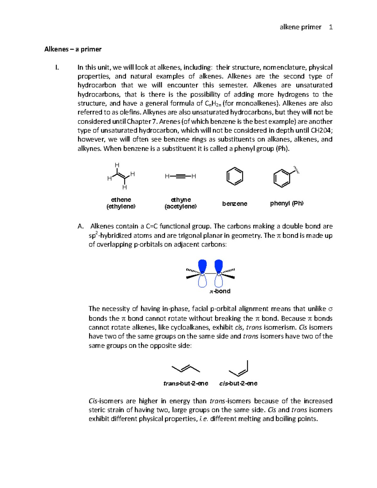 Alkeneprimer KEY - Lecture notes 3 - Alkenes – a primer I. In this unit ...