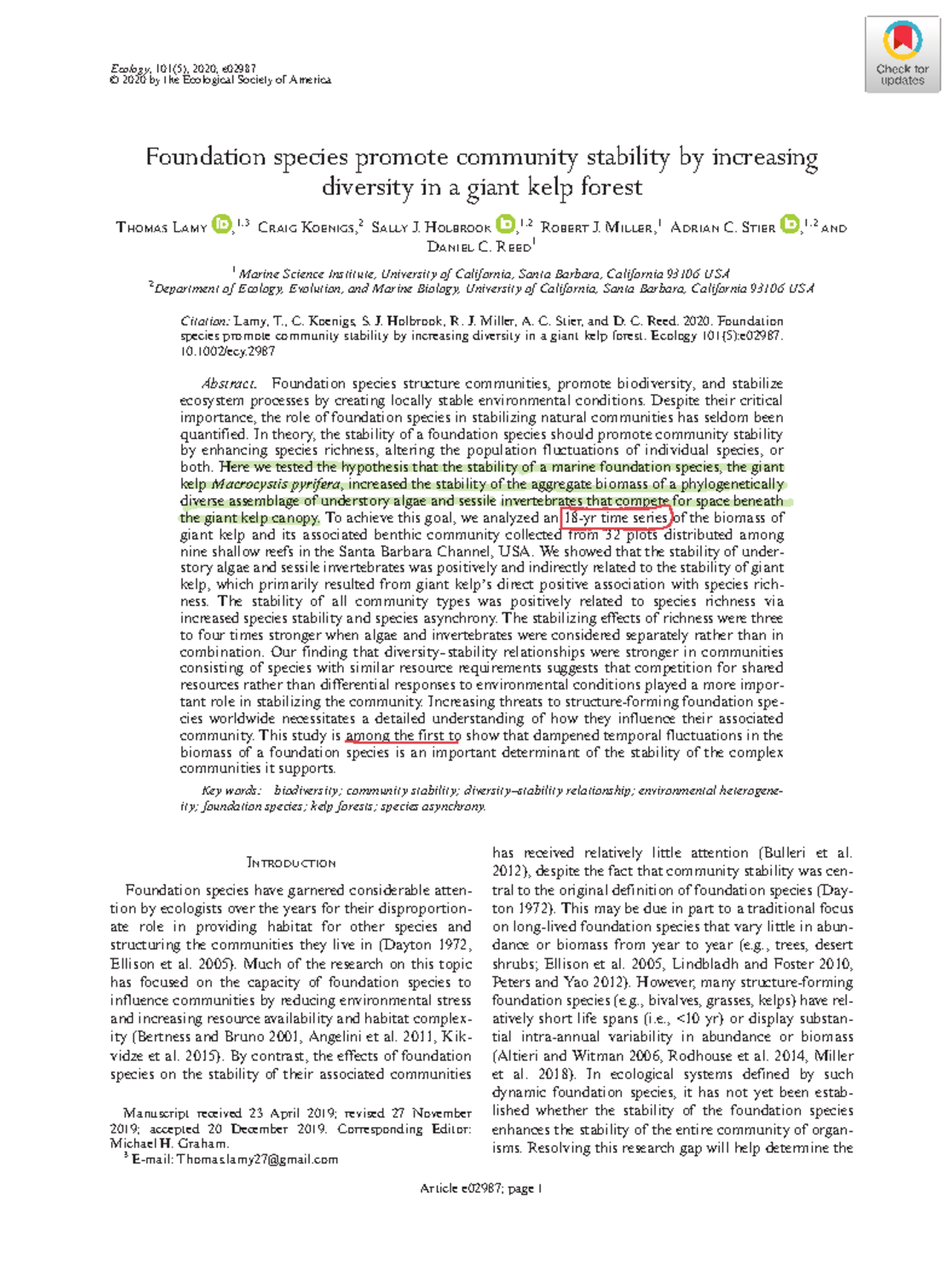 Lamy et al marine eco - Foundation species promote community stability ...