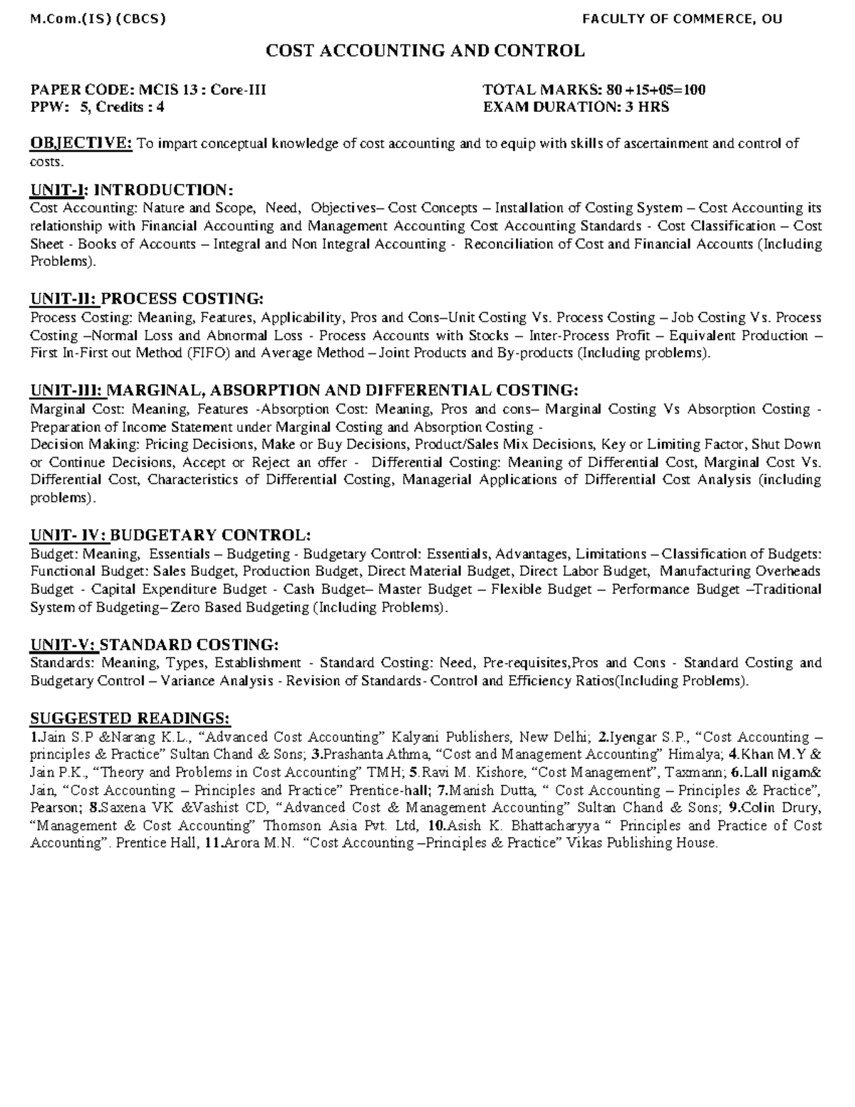 Pdfcoffee - bsa - M.(IS) (CBCS) FACULTY OF COMMERCE, OU COST ACCOUNTING AND CONTROL PAPER CODE ...