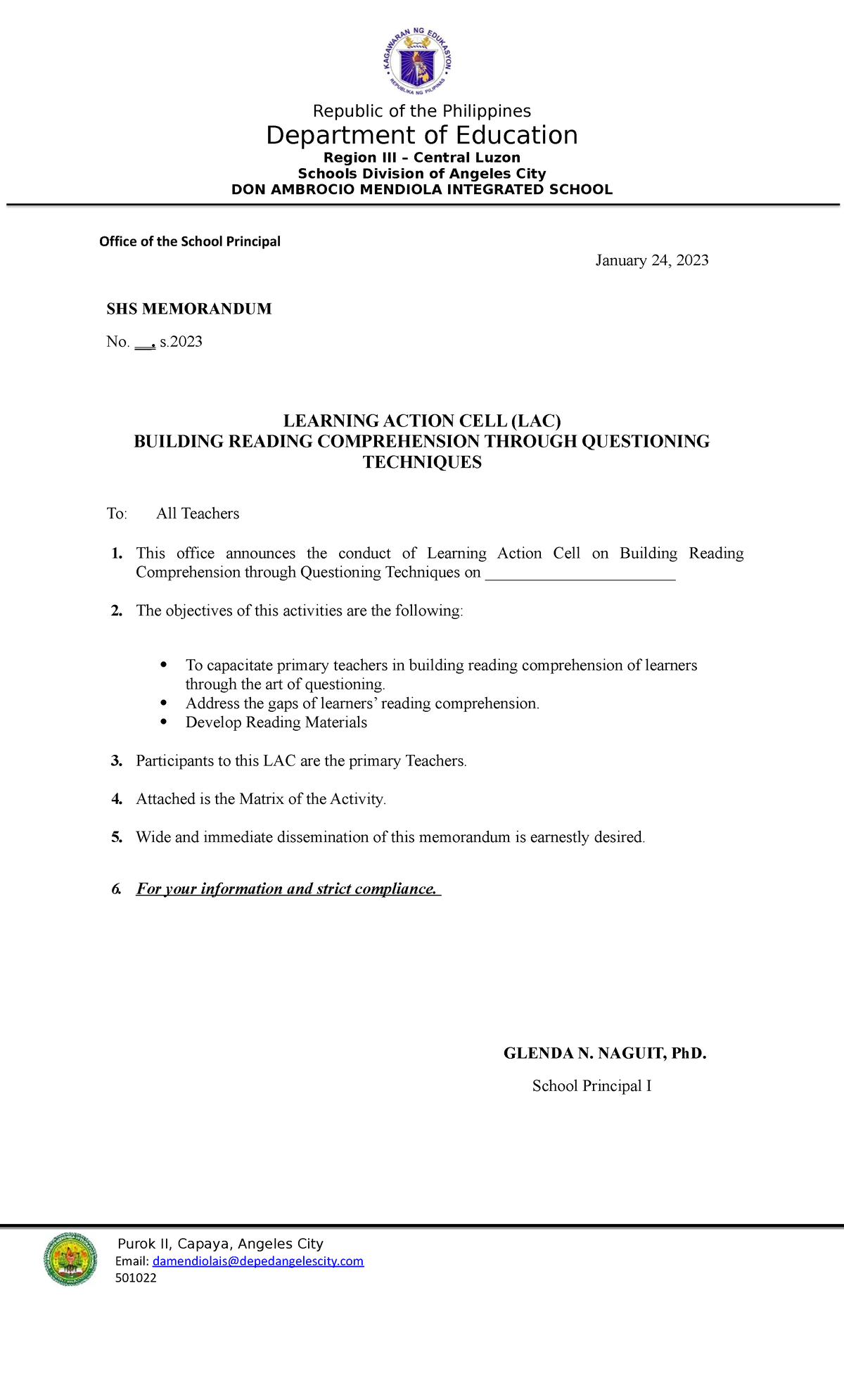 Un Numbered School-Memo 2023-SLAC Building Reading Comprehension ...