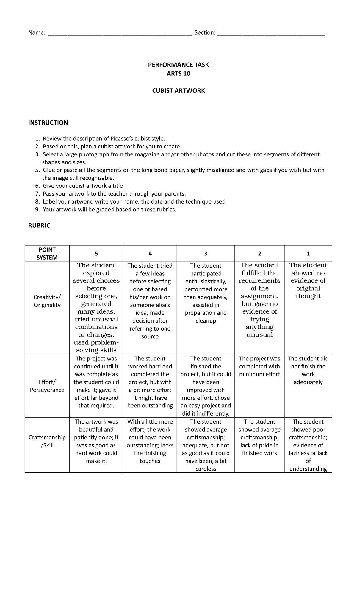 Performance TASK IN ART Cubism Artwork - Name