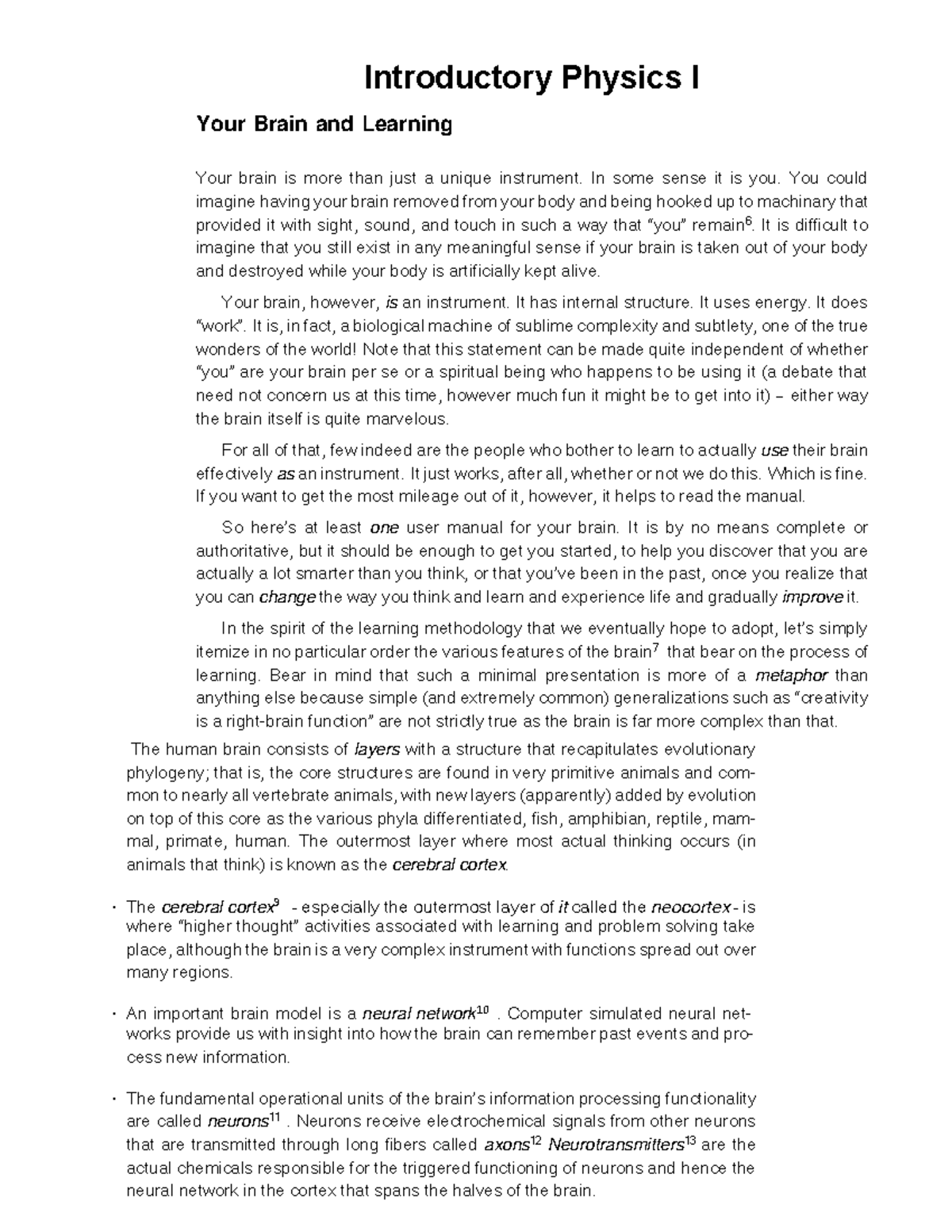 Introductory Physics I 5 - 9 10 Introductory Physics I Your Brain and ...
