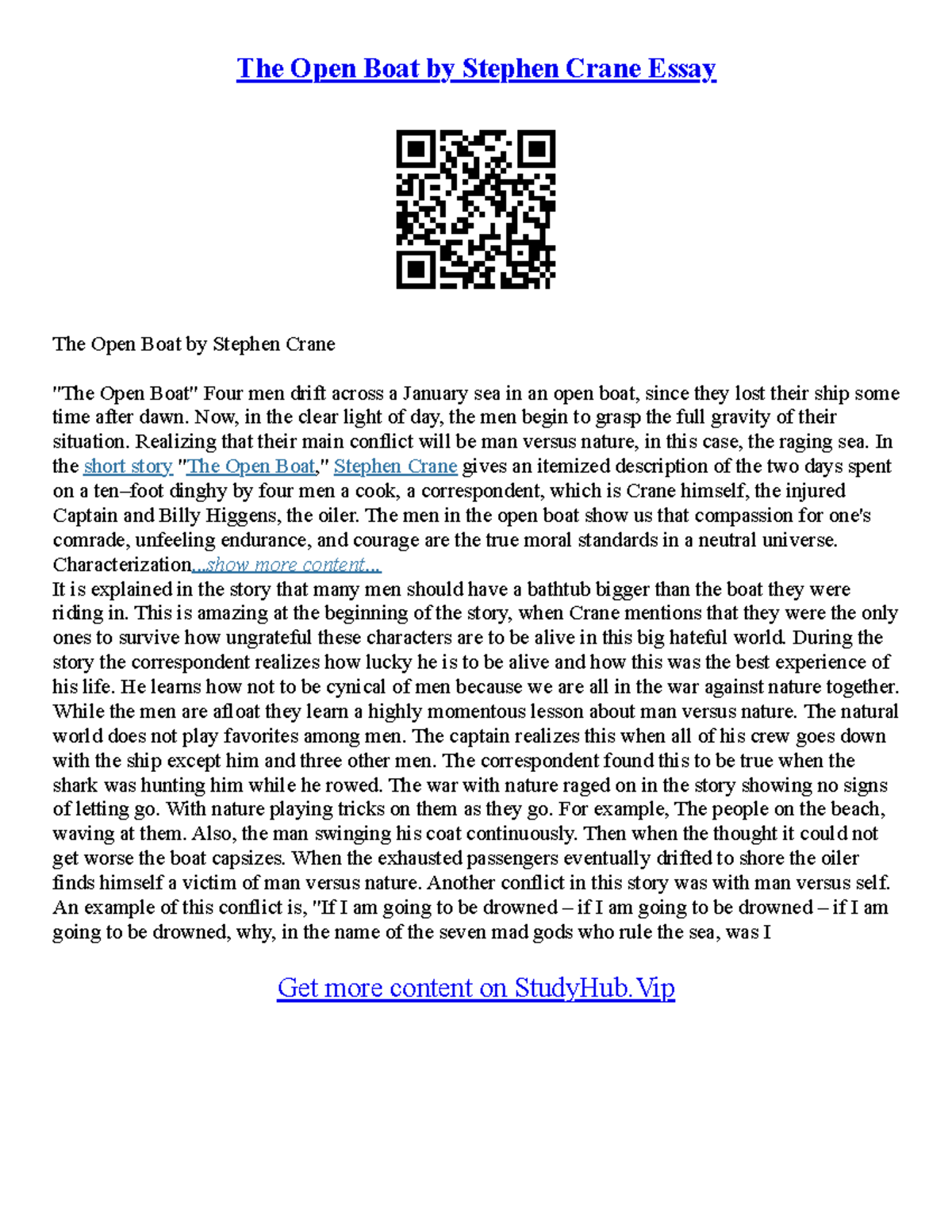 The Open Boat Essay - The Open Boat by Stephen Crane Essay The Open ...