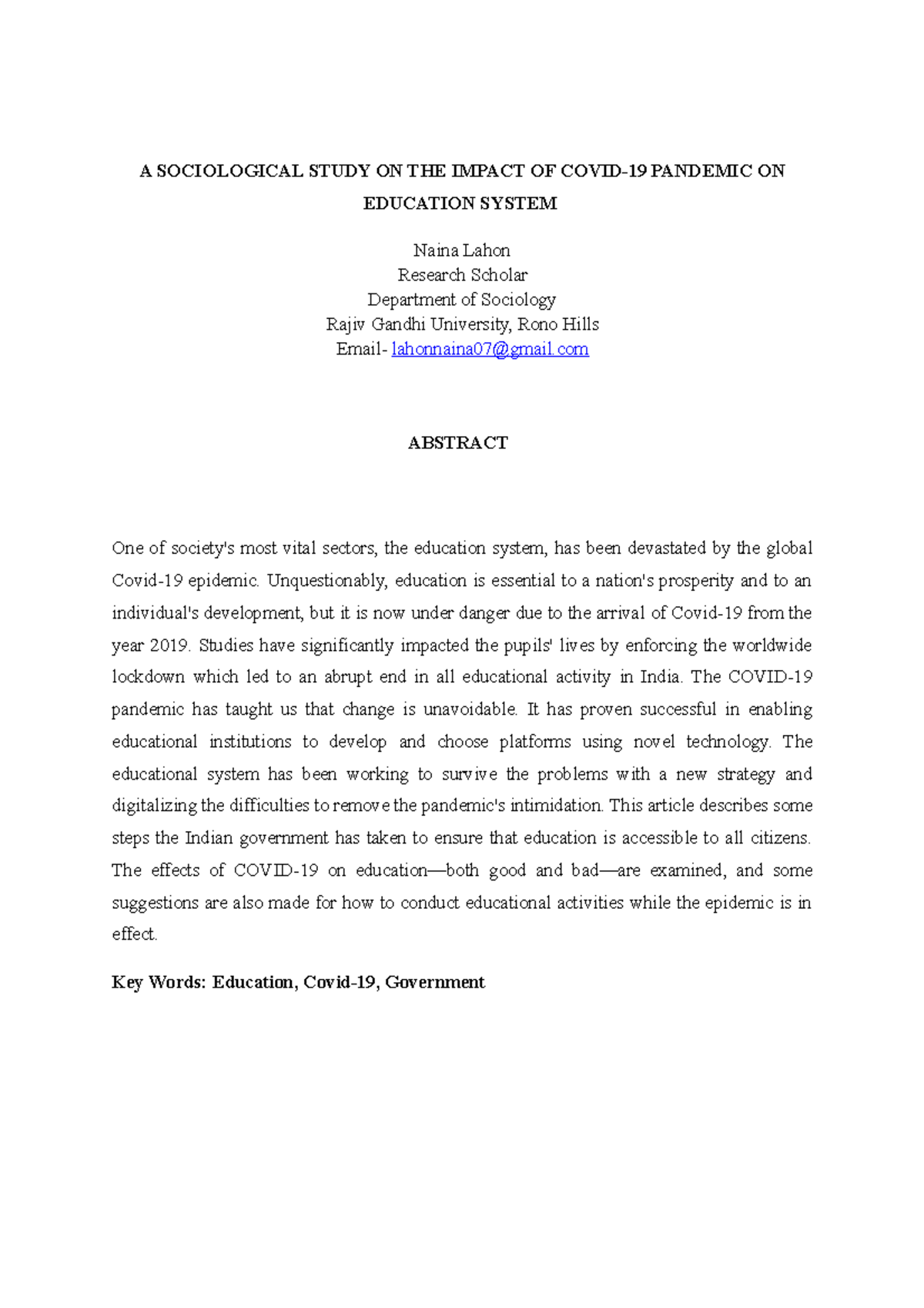 Naina dii🌸 seminar papaer - A SOCIOLOGICAL STUDY ON THE IMPACT OF COVID ...