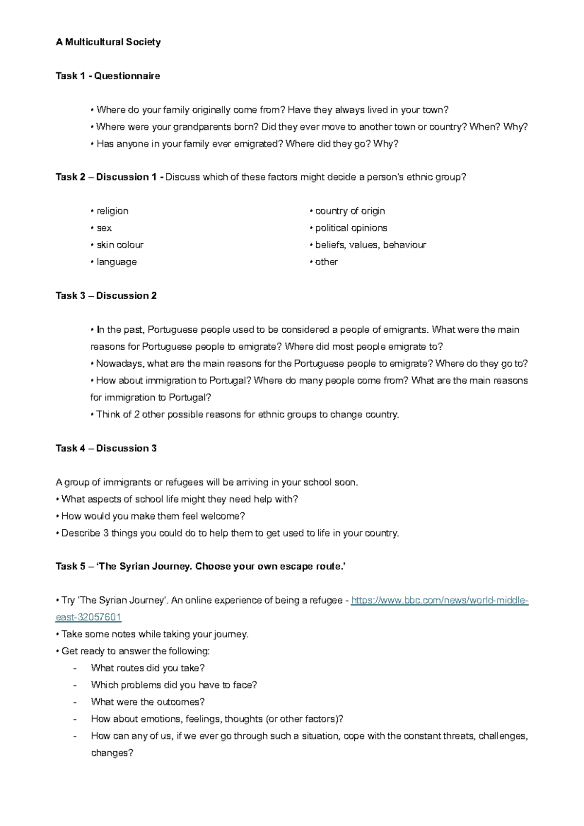 A Multicultural Society - tasks Ss - A Multicultural Society Task 1 ...