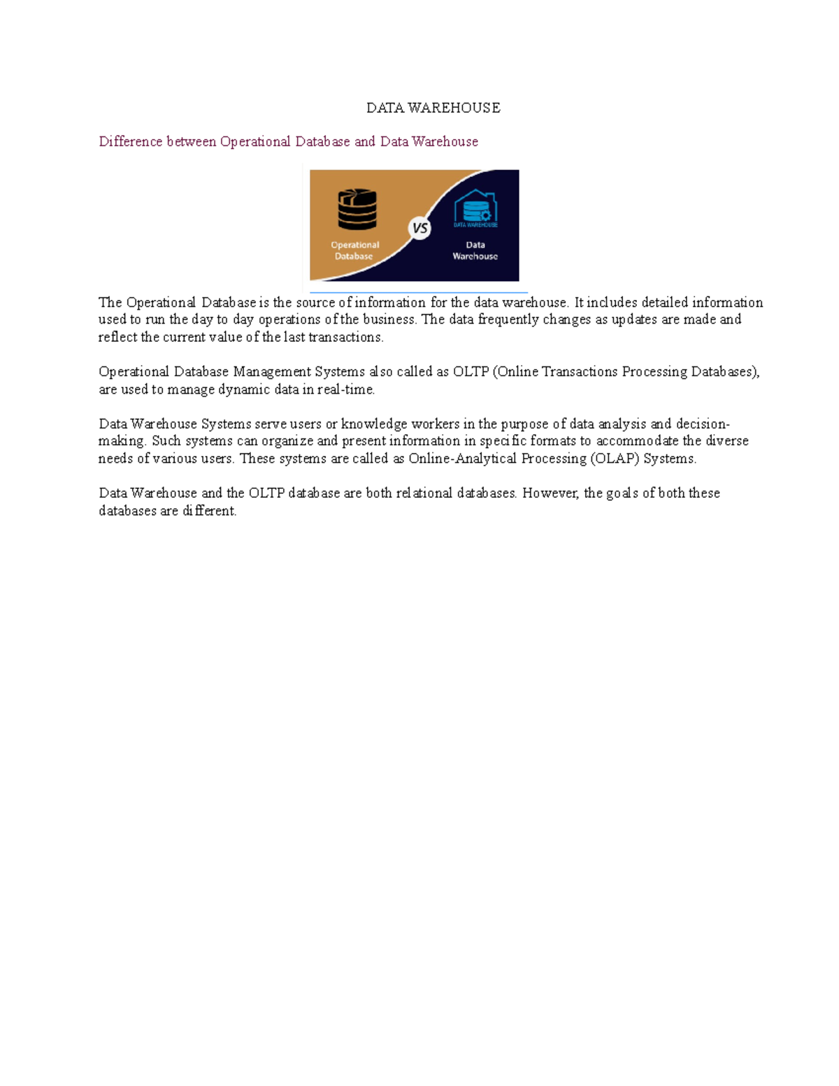 DATA Warehouse topic 1 - DATA WAREHOUSE Difference between Operational ...