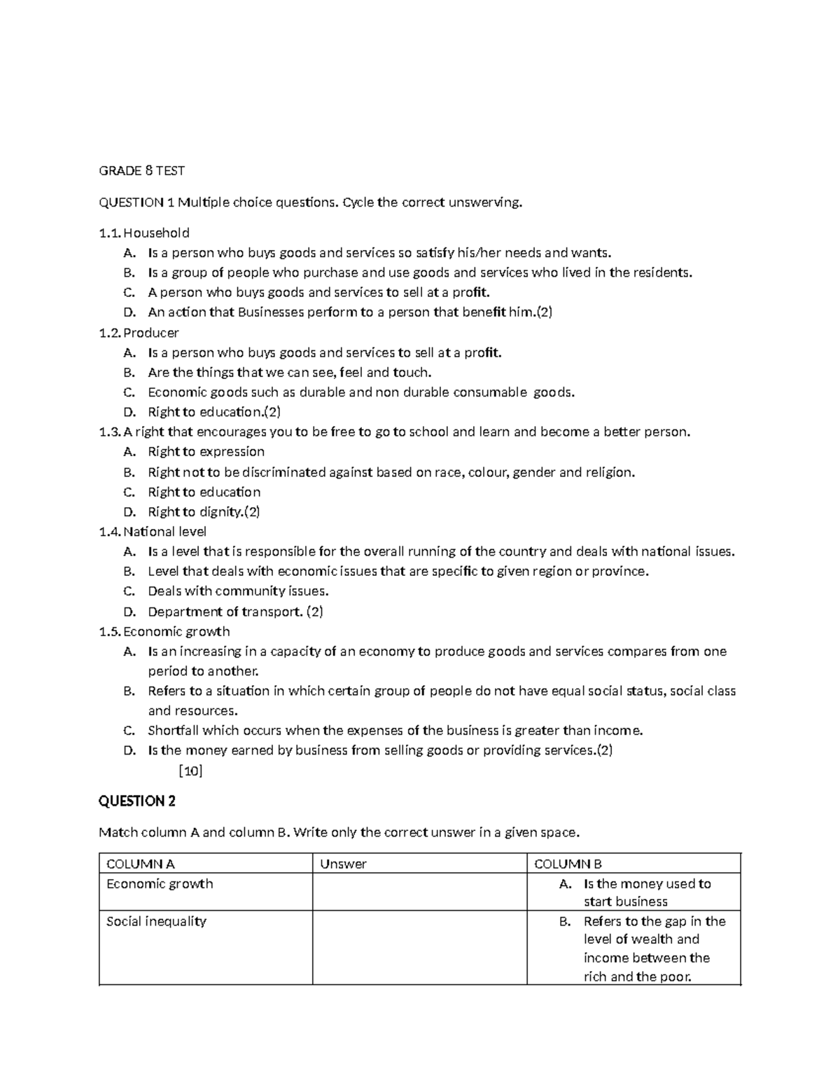 EMS grade 8 - GRADE 8 TEST QUESTION 1 Multiple choice questions. Cycle ...