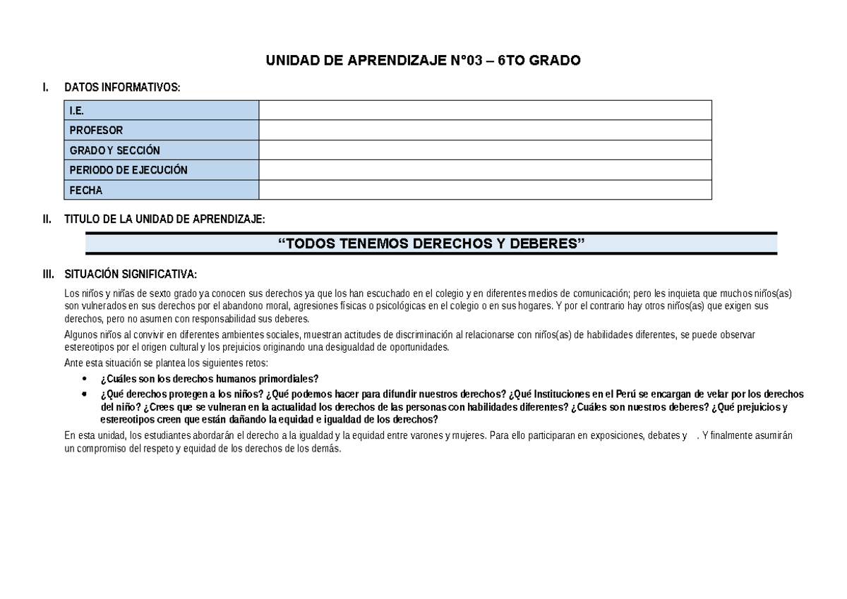 Unidad DE Aprendizaje N°3 - 6TO Grado - UNIDAD DE APRENDIZAJE N°03 ...