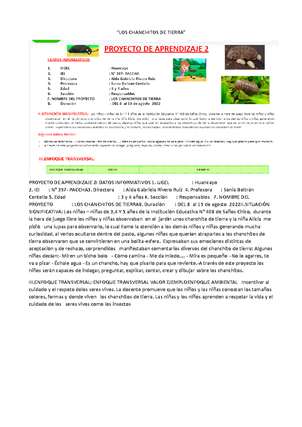 LOS Chanchitos DE Tierra - “LOS CHANCHITOS DE TIERRA” PROYECTO DE APRENDIZAJE 2I DATOS ...