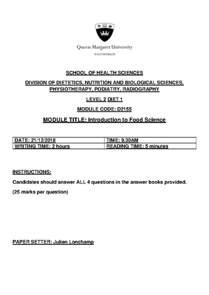 Food and Nutrition DIet 2 Exam - SCHOOL OF HEALTH SCIENCES DIVISION OF ...
