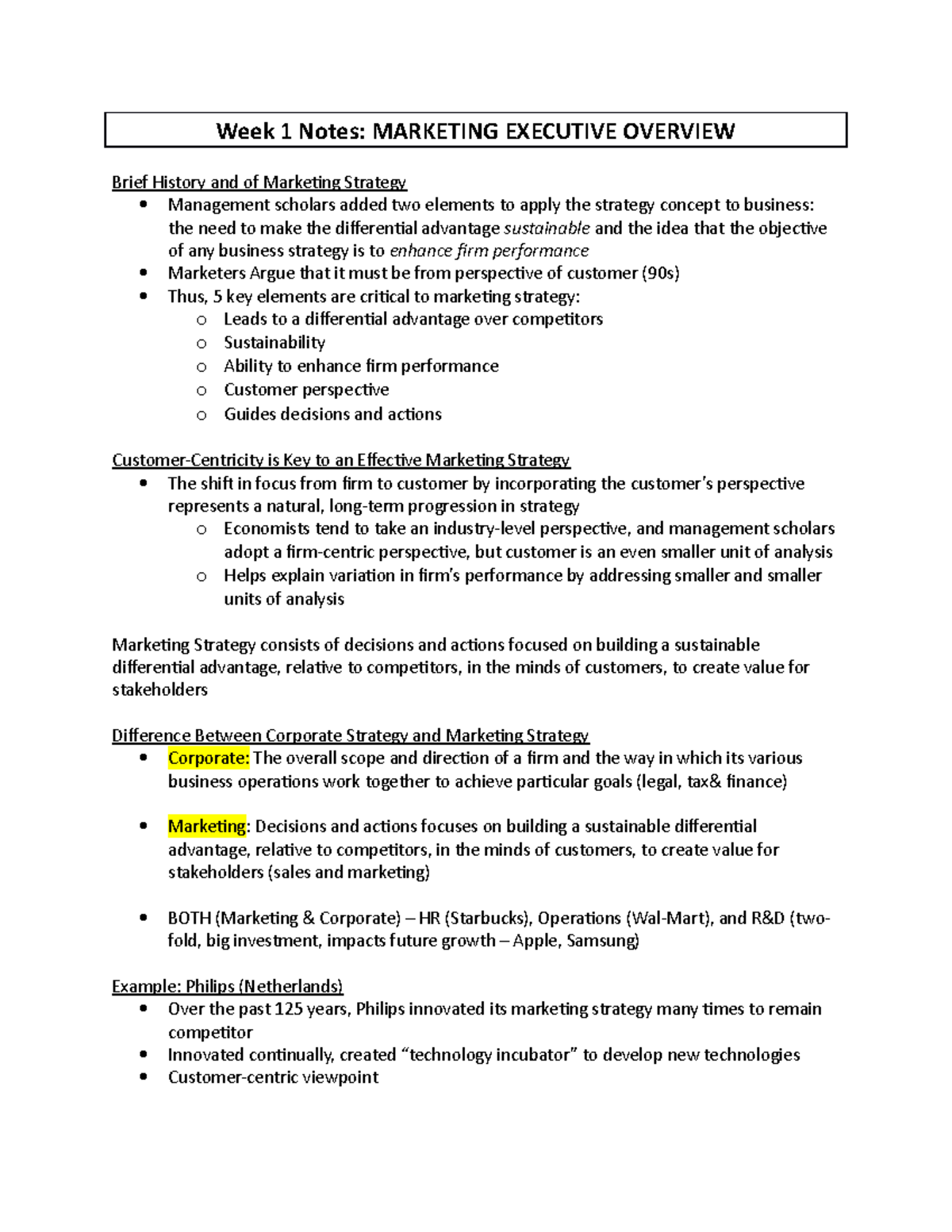 BUAD479 Notes Week1 - Week 1 Notes: MARKETING EXECUTIVE OVERVIEW Brief ...