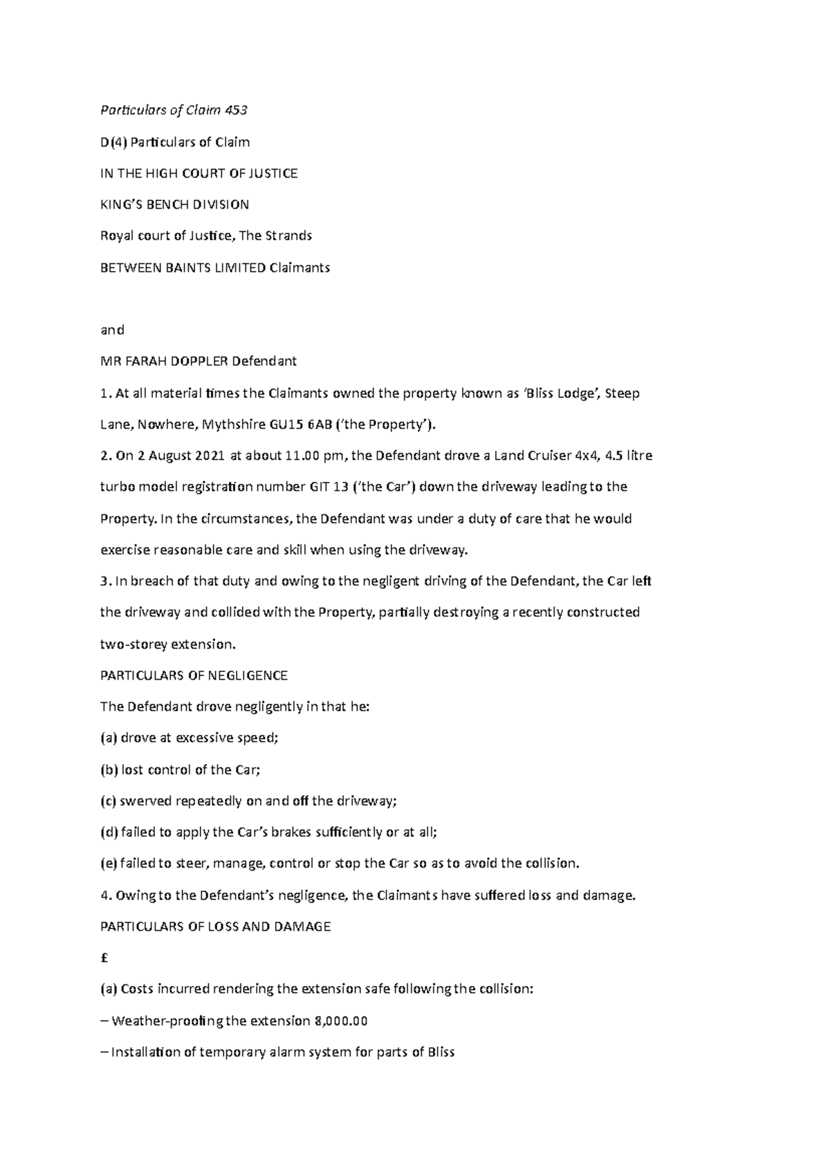 Sample Particulars of Claim 453 - Particulars of Claim 453 D(4 ...