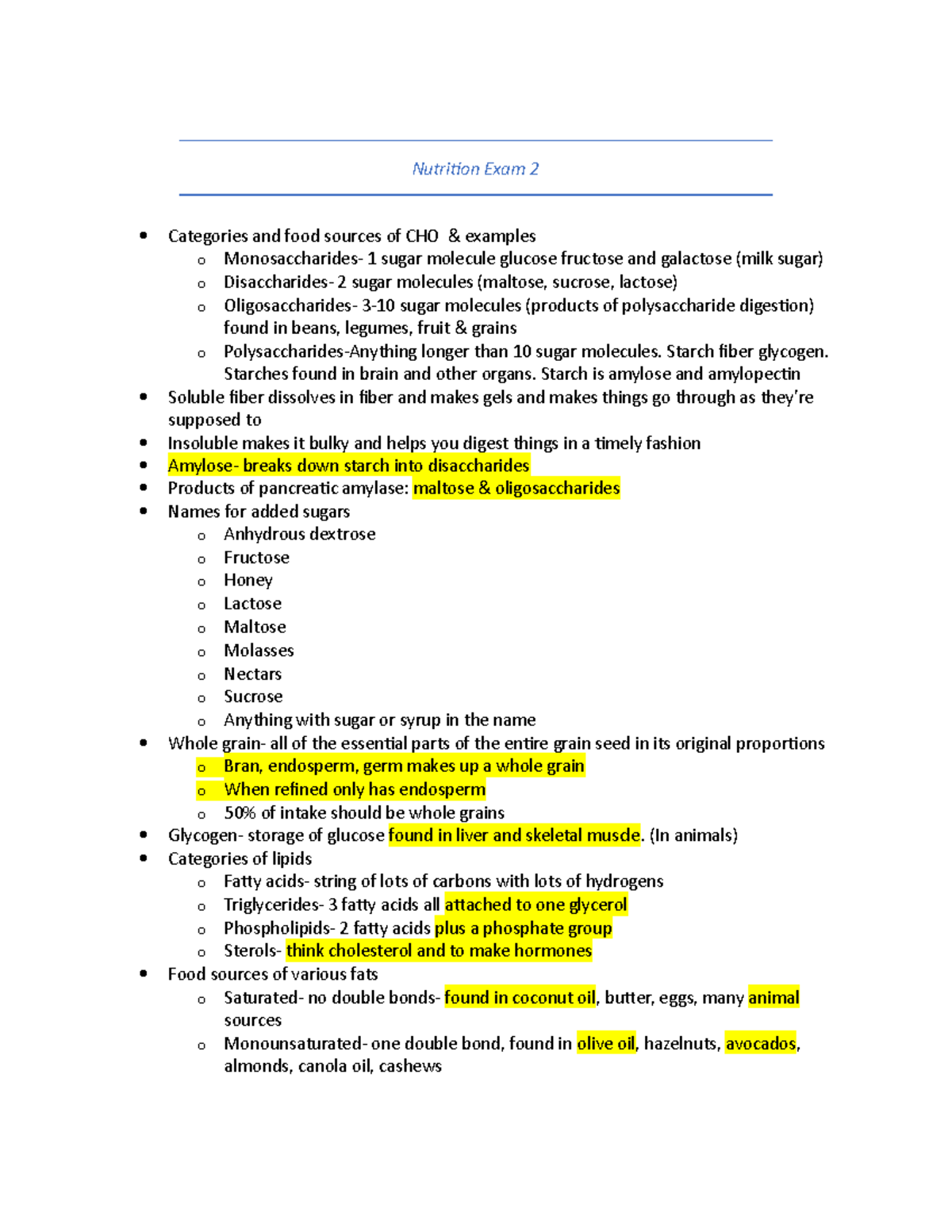 Nutrition Exam 2 Study Guide - Nutrition Exam 2 Categories and food ...