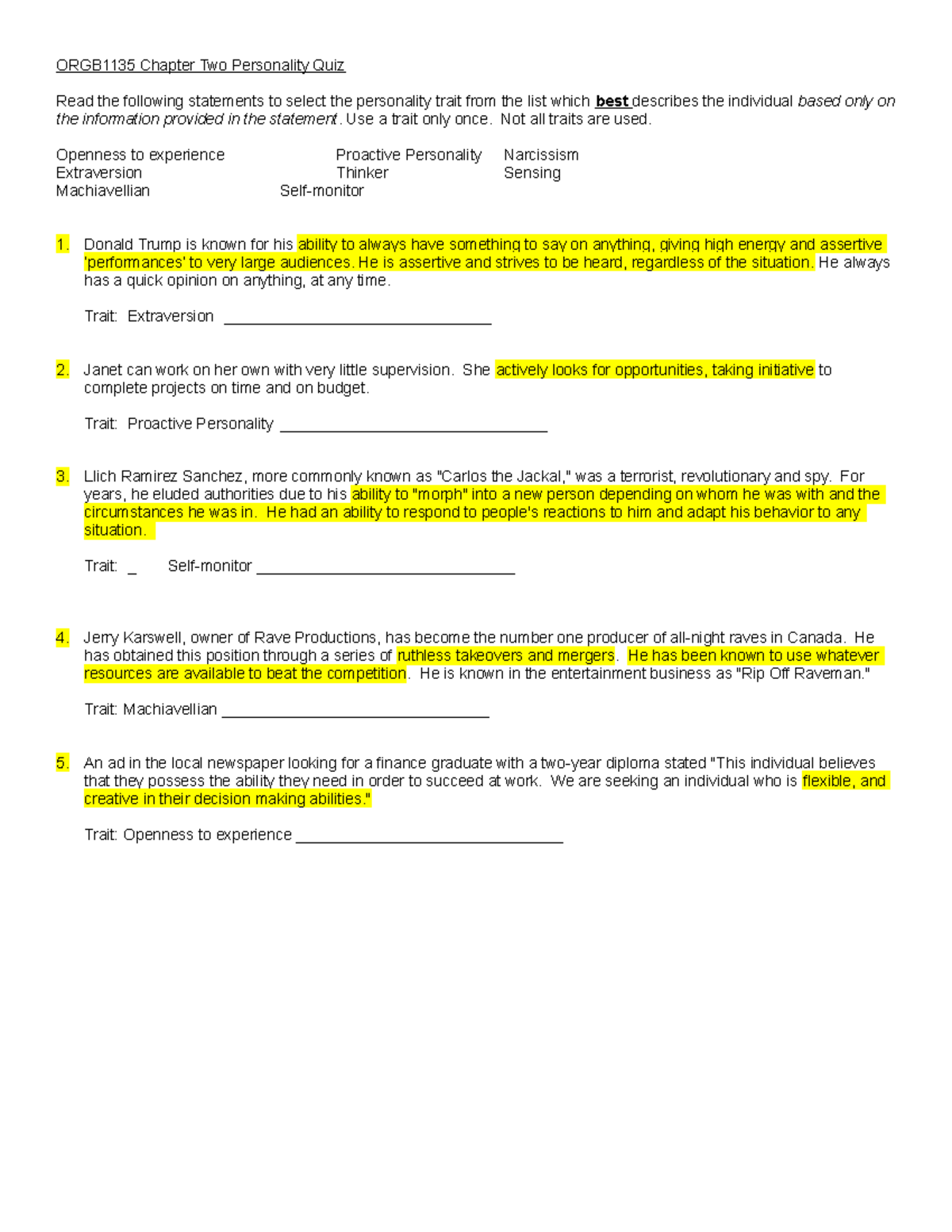Chapter 2 personality quiz with solutions - ORGB1135 Chapter Two ...