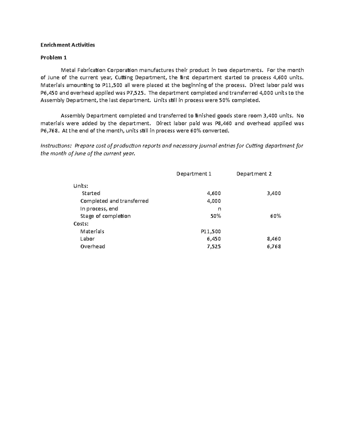 CAC Enrichment-Assessment Activities - Enrichment Activities Problem 1 ...