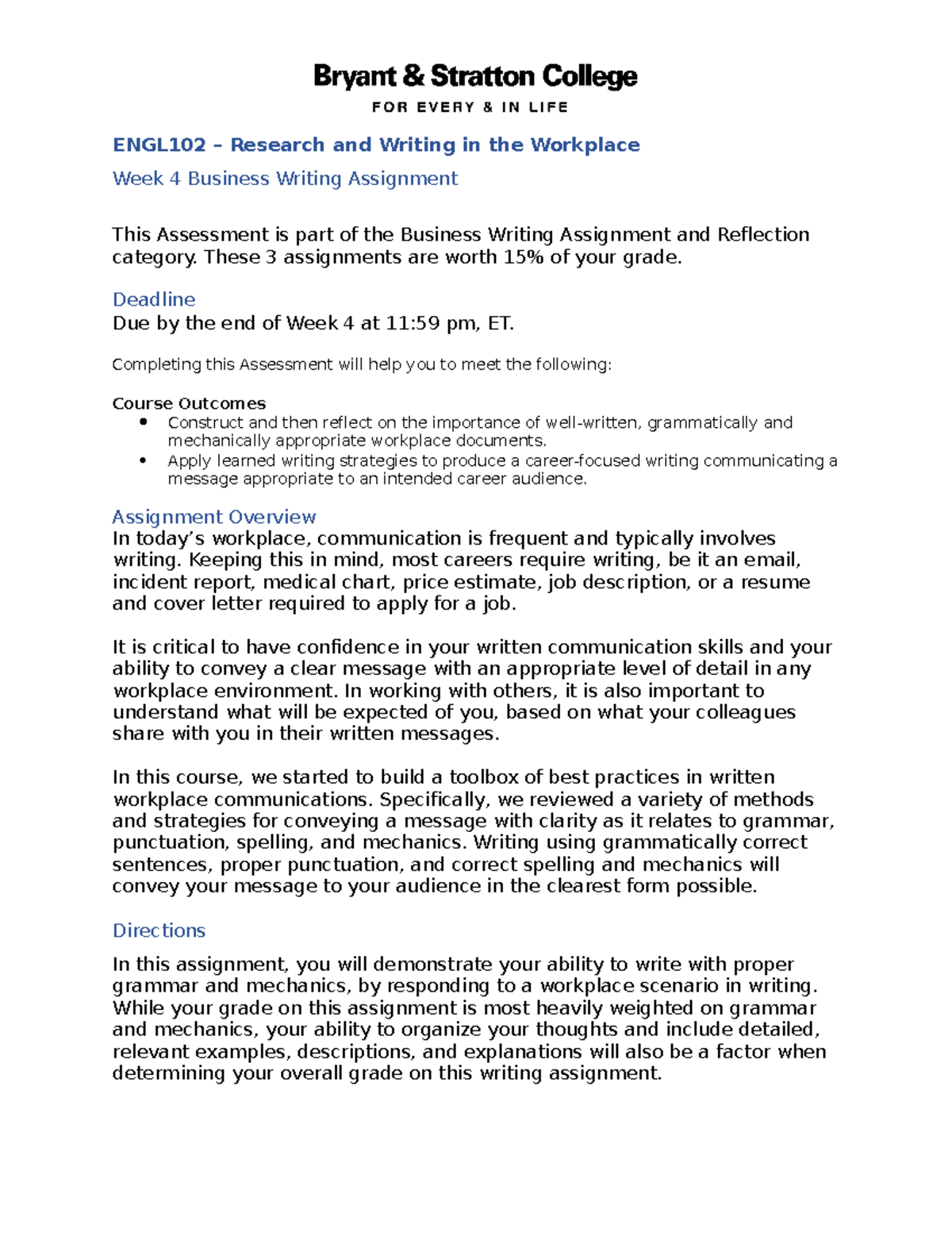 ENGL102 - Week 4 Business Writing Assignment - ENGL102 – Research and ...