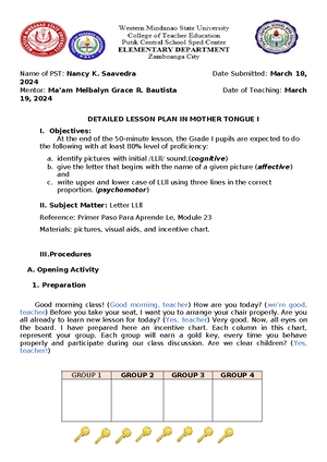 Grade 1 English Lesson Plan - Name of PST: Nancy K. Saavedra Date ...