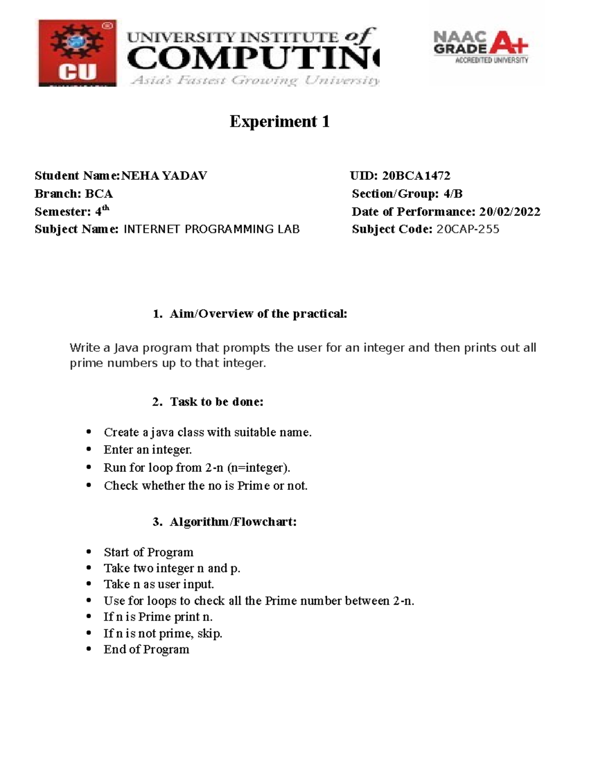 Internet progamming lab worksheet 1 20BCA1472 - Experiment 1 Student ...