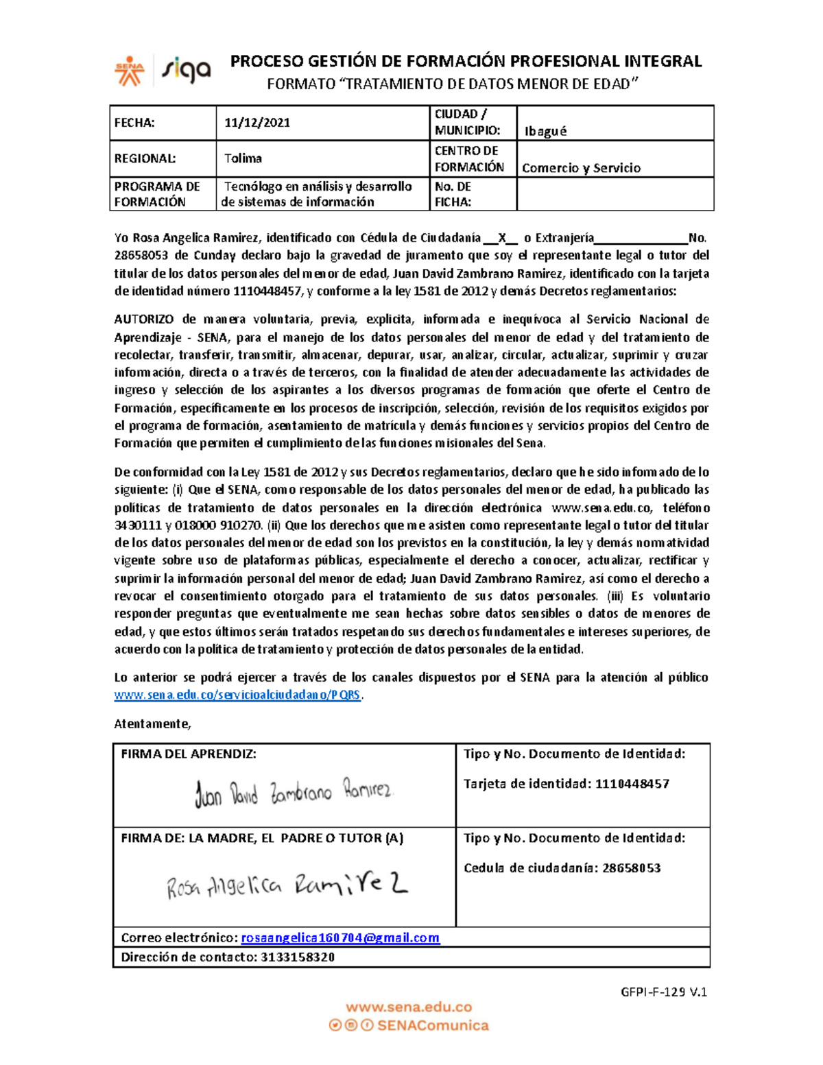 9. formato tratamiento de datos menor de edad - PROCESO GESTI”N DE FORMACI”N PROFESIONAL ...