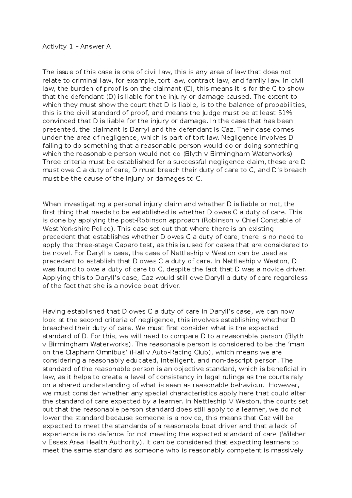 Model A Activity 1 - Activity 1 – Answer A The issue of this case is ...
