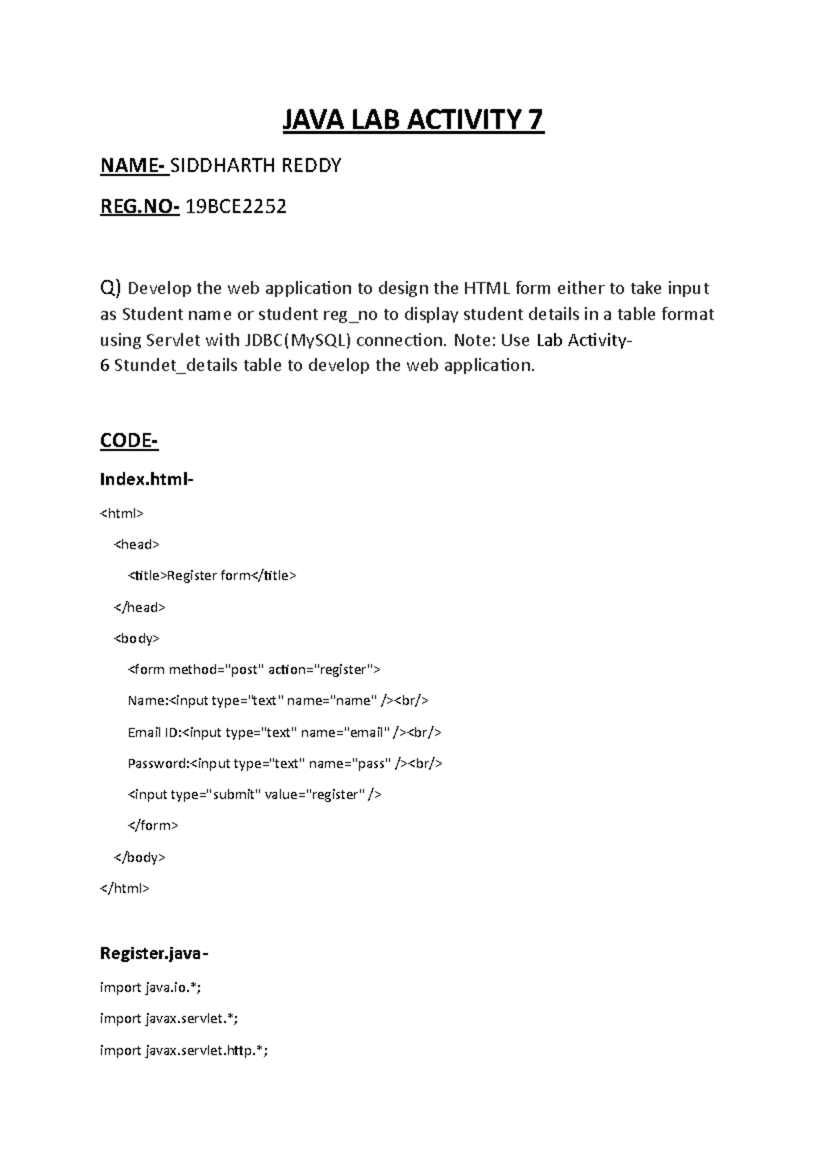 JAVA LAB Activity 7 Digital Assignment 7 For Java Lab Basic Java