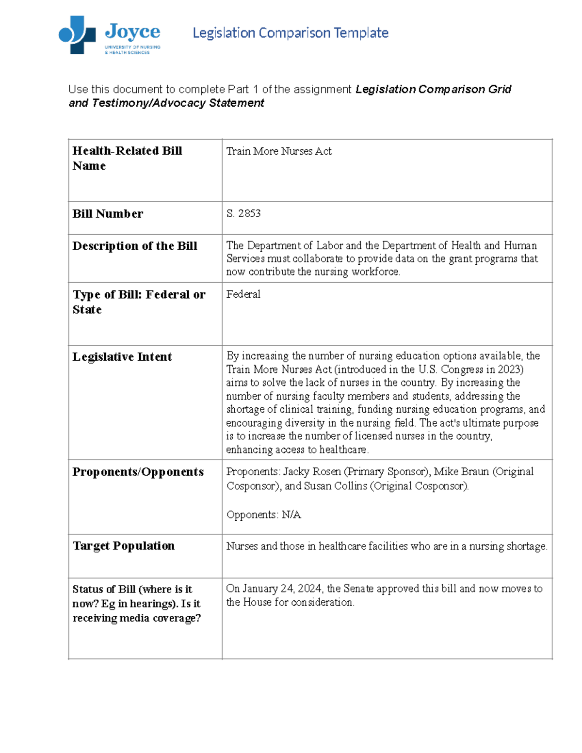 Legislation Comparison Grid and Testimony Advocacy Statement ...
