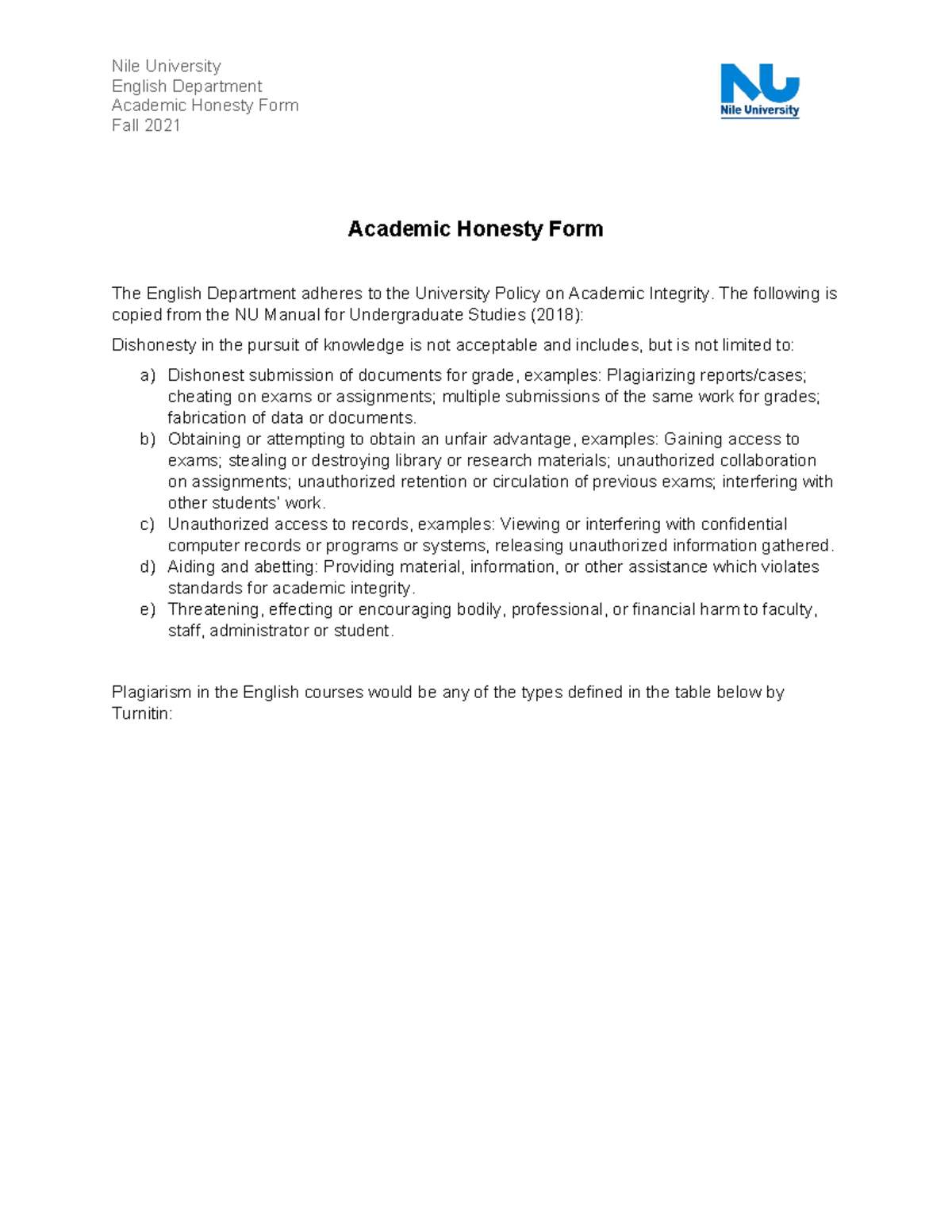 Academic Honesty Form - ...... - Nile University English Department ...