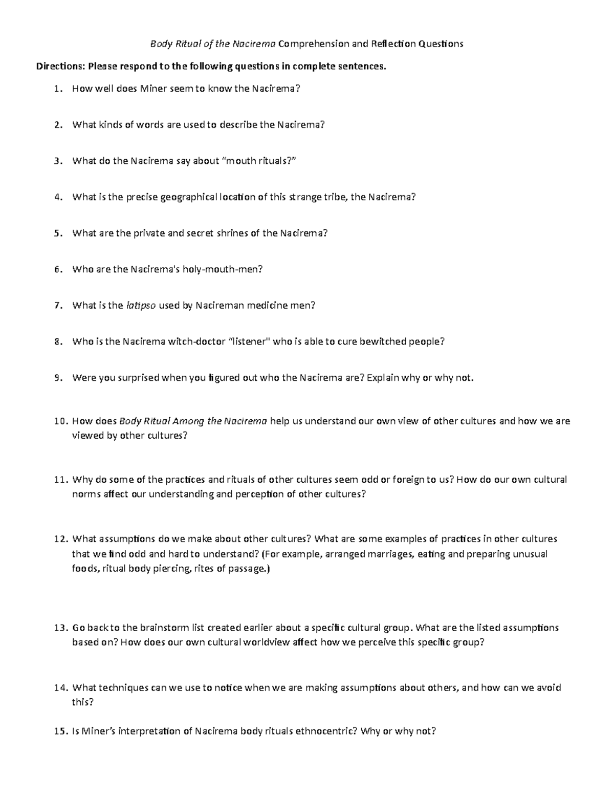 Anayaha Simmons - Body Ritual of the Nacirema Comprehension and ...