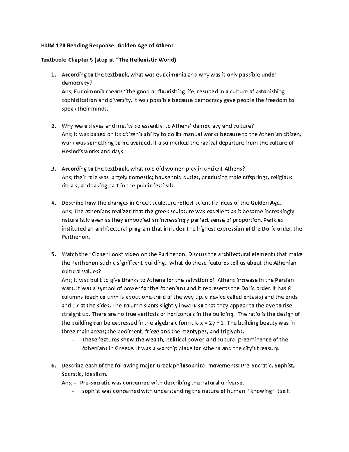 HUM 120 Reading Response Athens - HUM 120 Reading Response: Golden Age ...