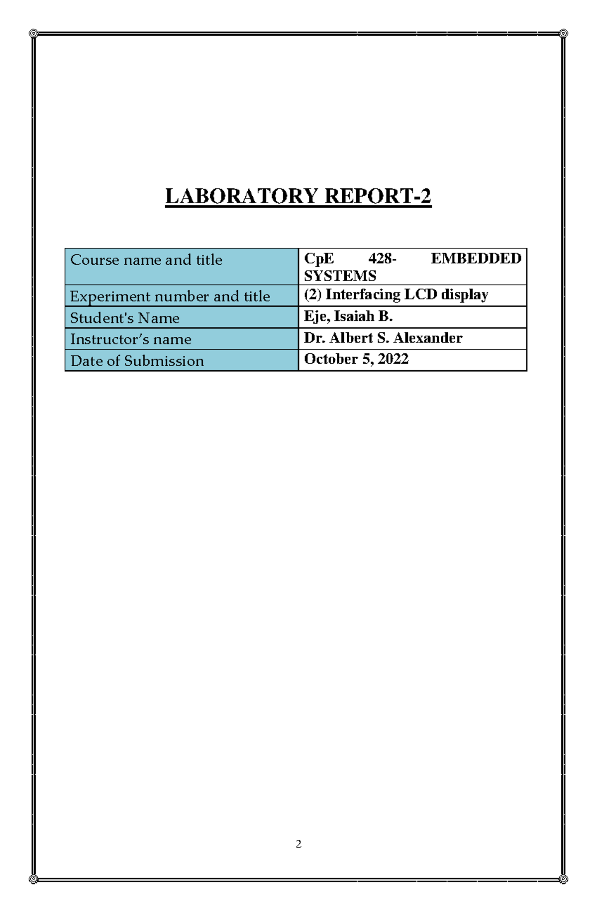 15 Lab 2 - Embedded Systems - LABORATORY REPORT- Course name and title ...