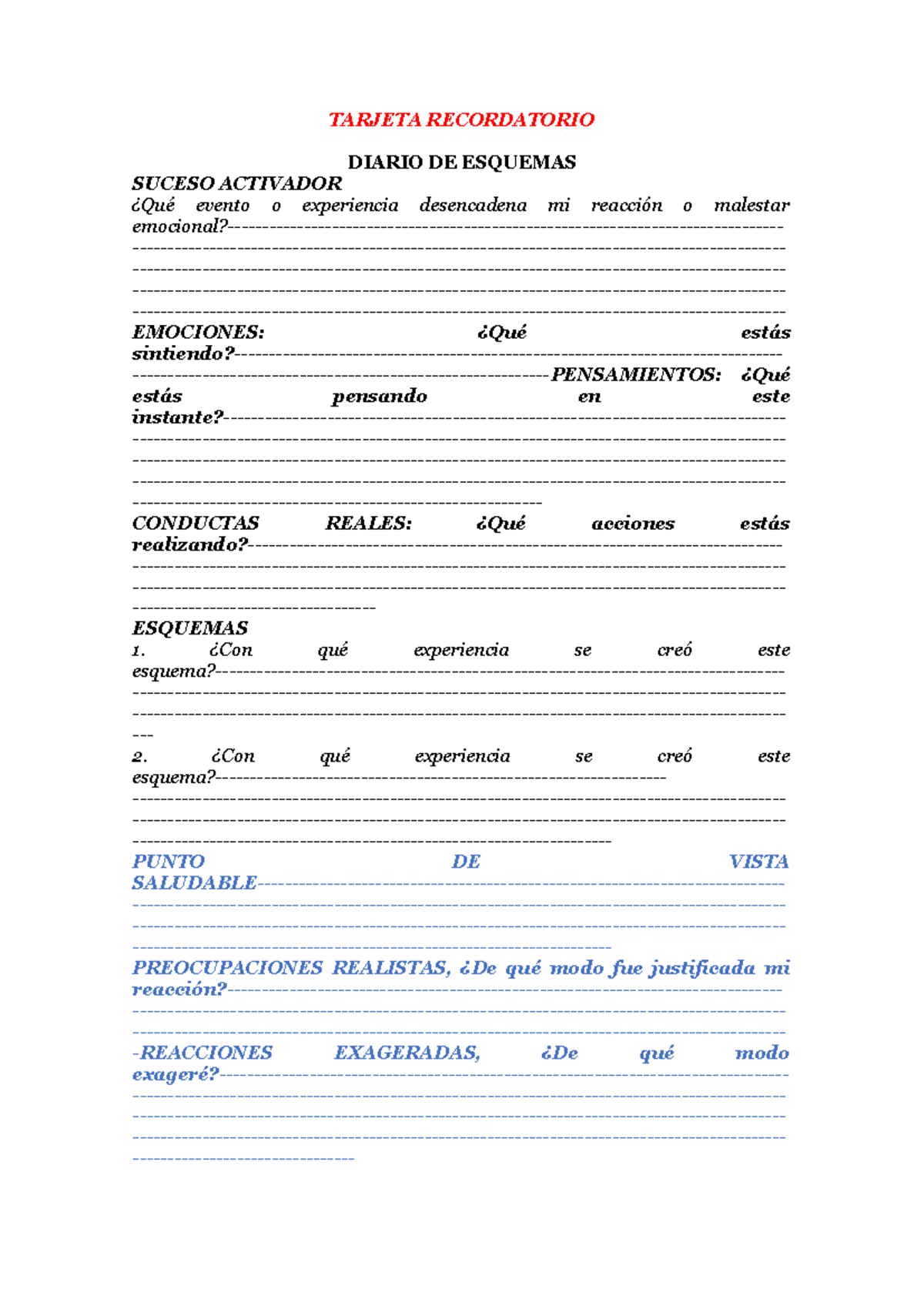 Tarjeta Recordatorio - modelo terapia de esquemas - TARJETA ...
