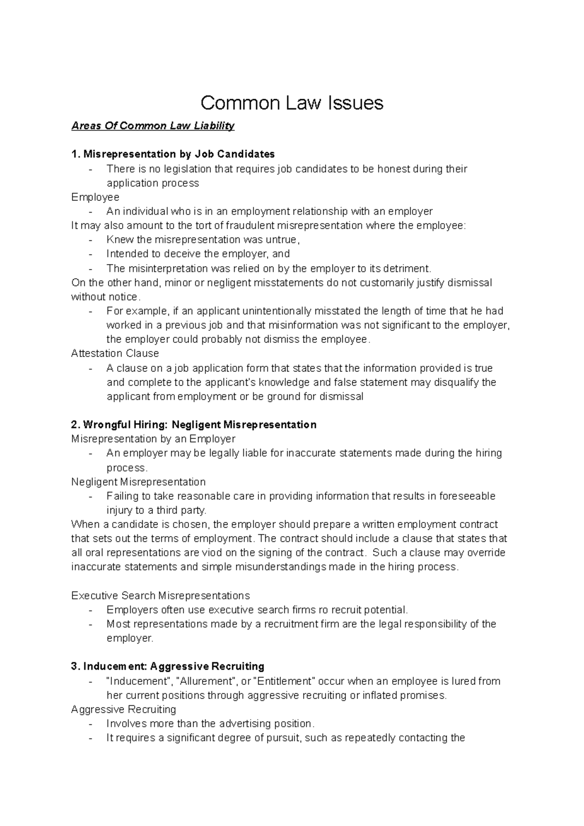 Employment Law, Chapter 2: Common Law Issues - Common Law Issues Areas ...