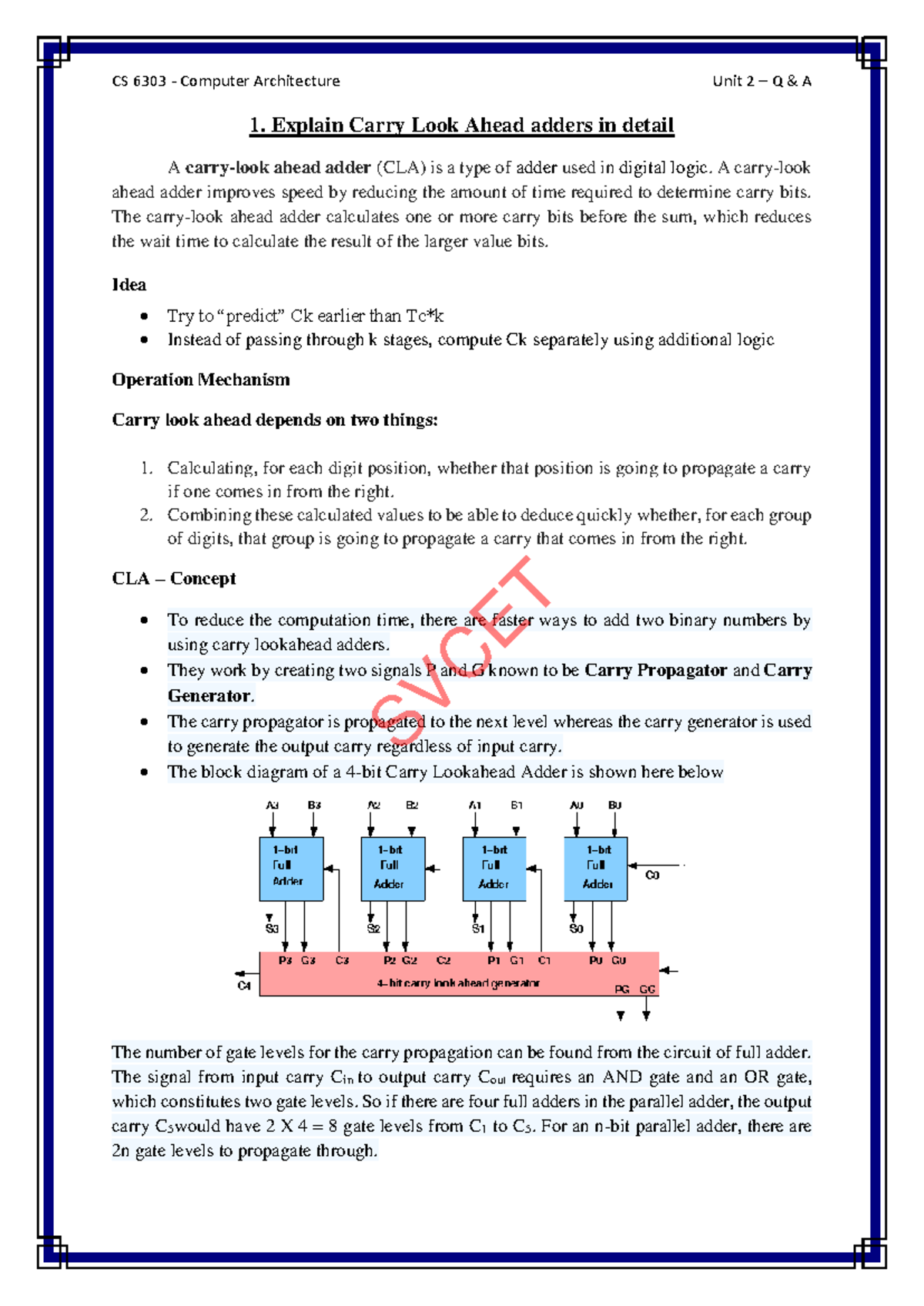 Fixed point arithmetic - 1. Explain Carry Look Ahead adders in detail A ...