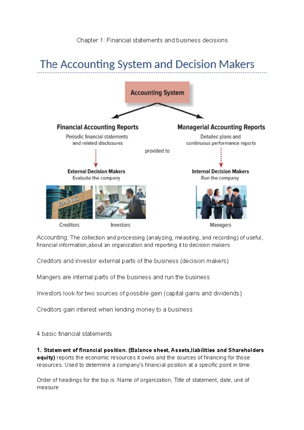 Accounting notes - Chapter 1: Financial statements and business ...