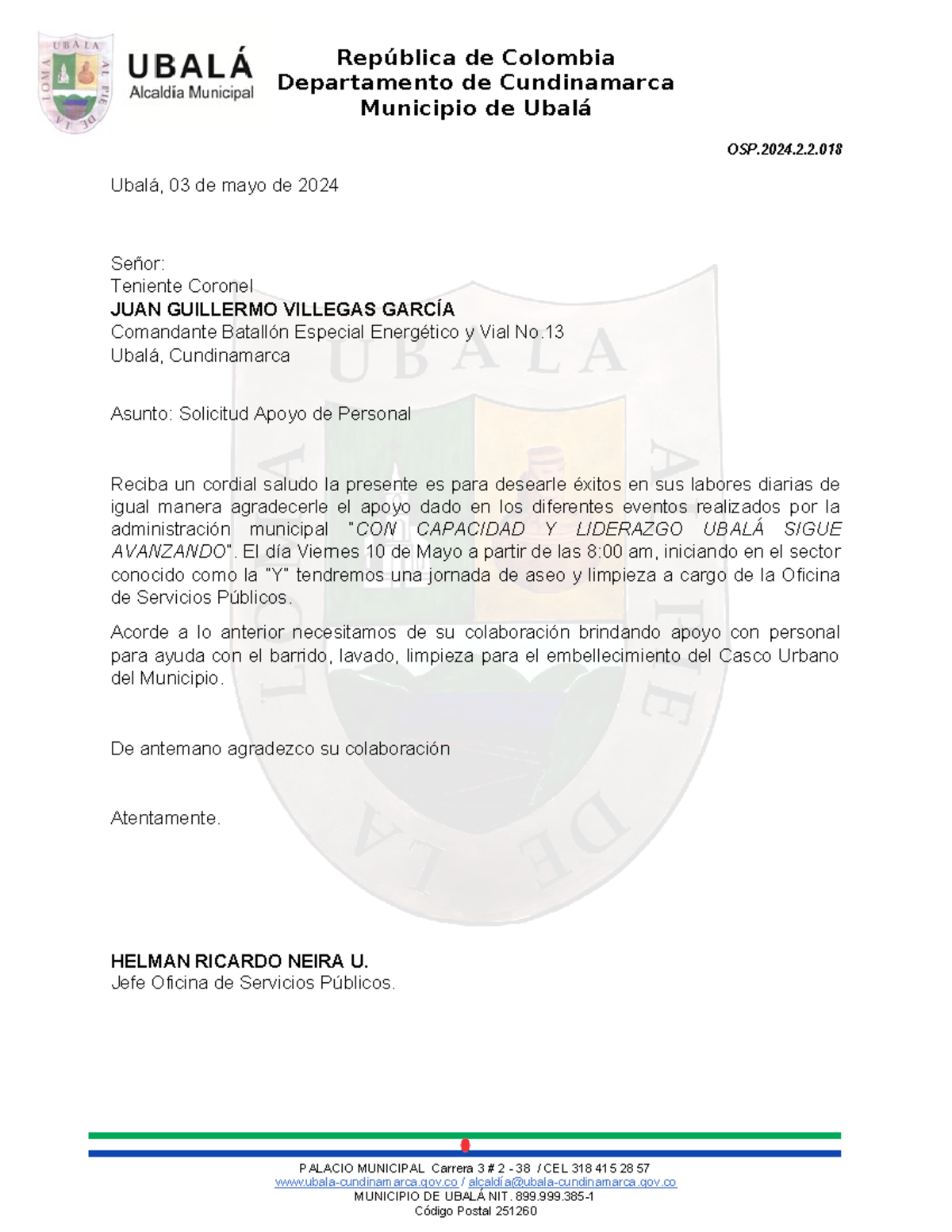 Oficio Apoyo Personal Batallon ok - República de Colombia Departamento de Cundinamarca Municipio ...