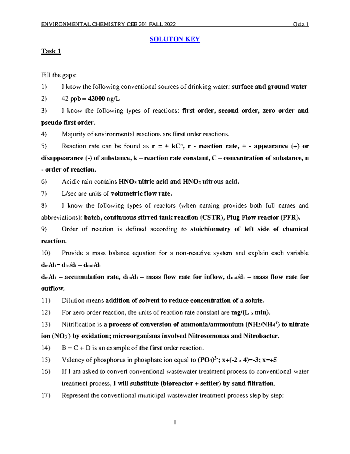 Env Chem Quiz 1 SOL KEY - Practice quiz from CEE201 - SOLUTON KEY Task ...
