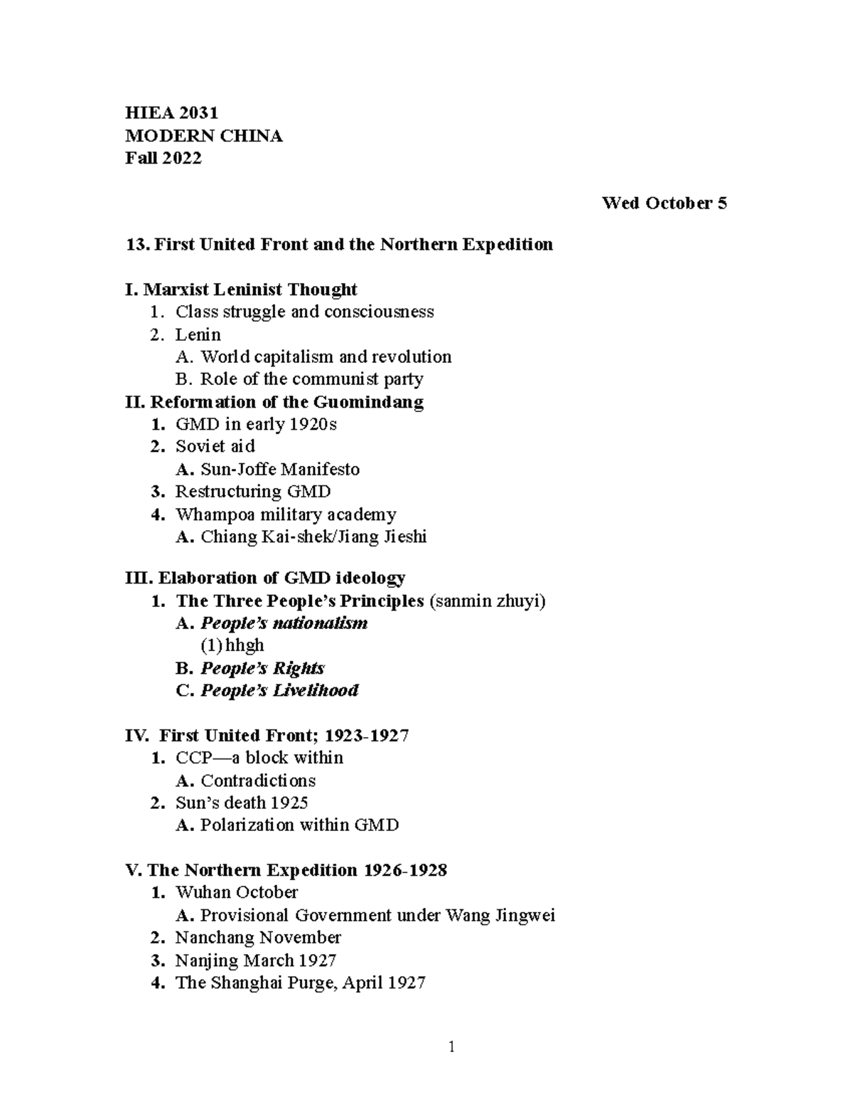 Lecture 13 - HIEA 2031 MODERN CHINA Fall 2022 Wed October 5 First ...