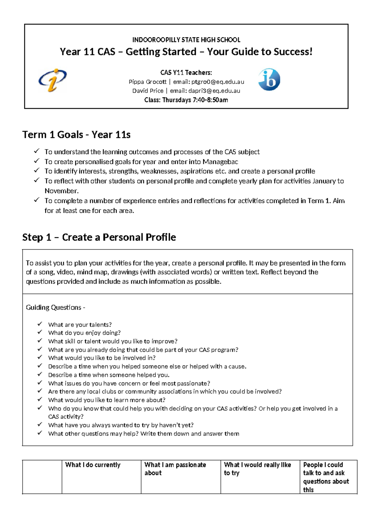 Guide to completing cas 2024 IB diploma - Term 1 Goals - Year 11s To ...