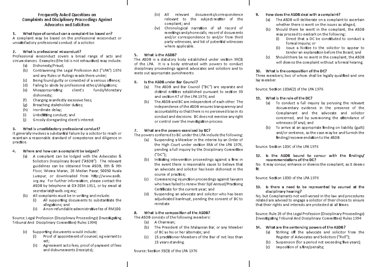 FAQ Disciplinary Board - Frequently Asked Questions on Complaints and ...