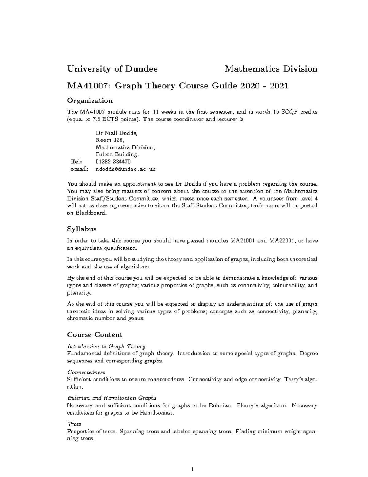 Module Guide - University of Dundee Mathematics Division MA41007: Graph ...