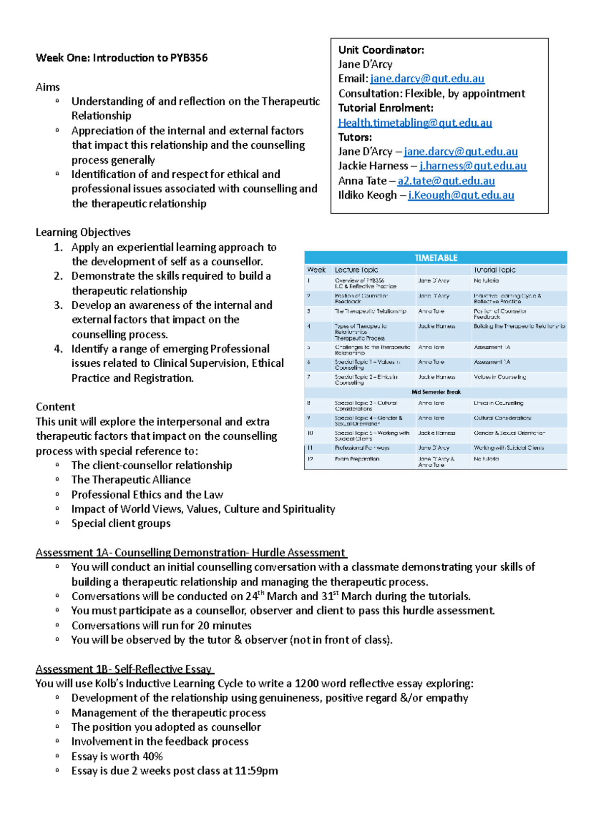 Pyb356 Lecture Notes Week One Introduction To Pyb Aims Understanding Of And Reflection On The