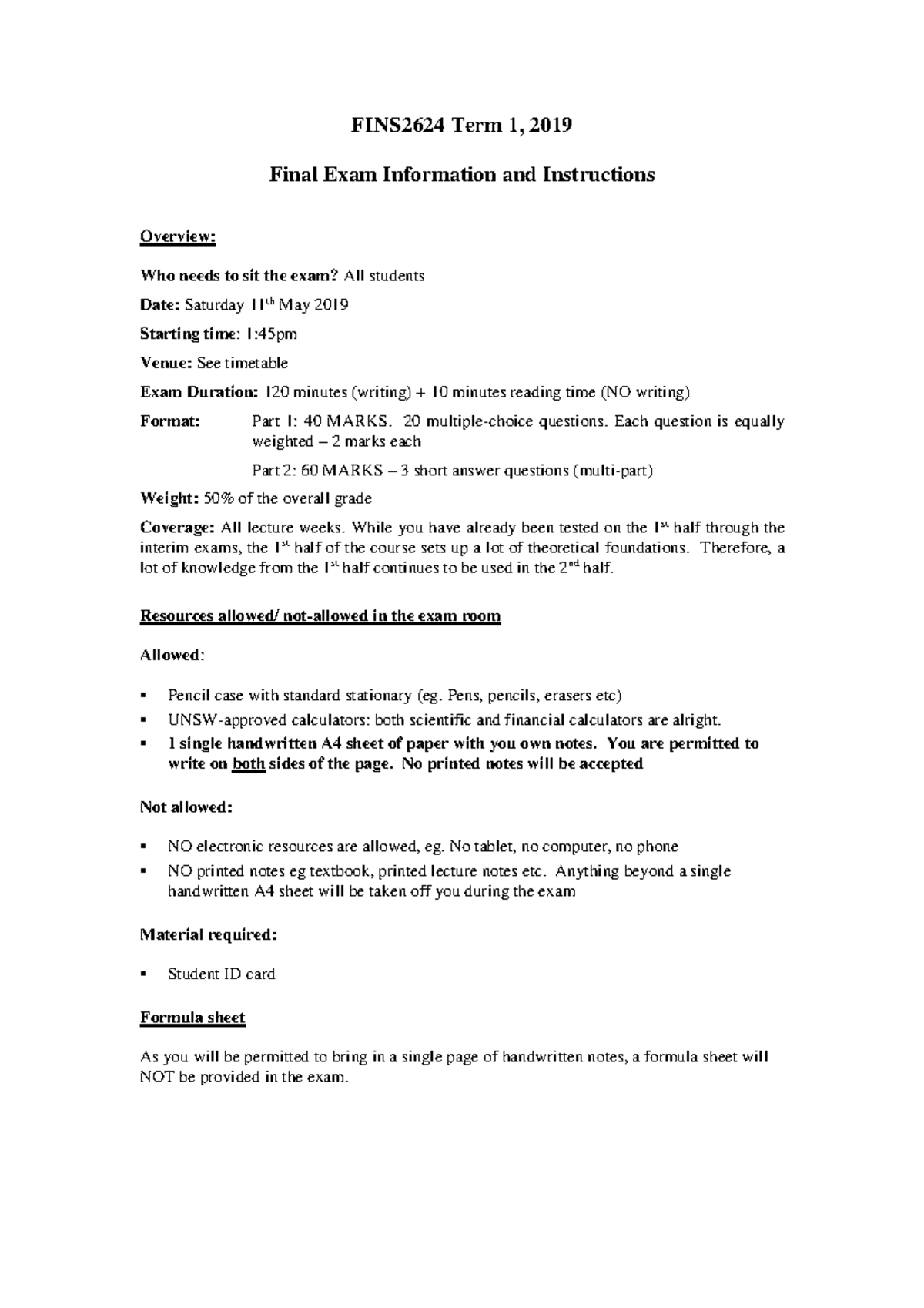 Final Exam 2019, questions - FINS2624 Term 1, 2019 Final Exam ...