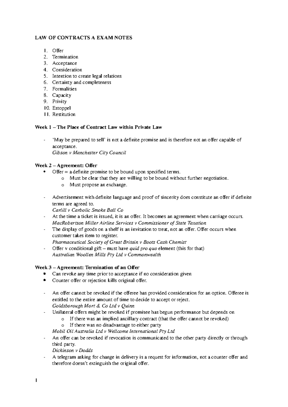 LAW OF Contracts A EXAM Notes - LAW OF CONTRACTS A EXAM NOTES 1. 2. 3 ...