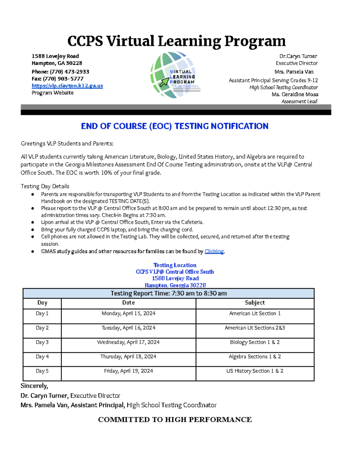 VLP High GMAS EOC Parent Letter - CCPS Virtual Learning Program 1588 ...