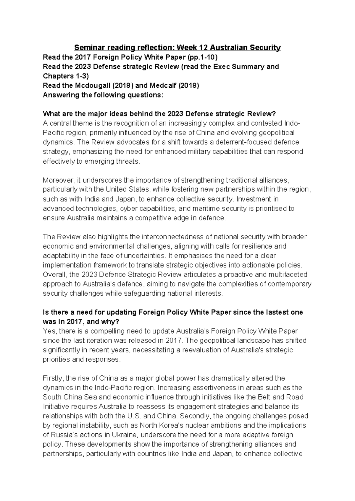 Seminar reading reflection Week 12 Australian Security - Seminar ...