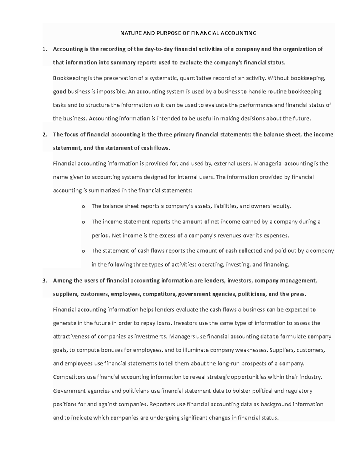 C213 k EY p Oints - NATURE AND PURPOSE OF FINANCIAL ACCOUNTING 1. Accounting is the recording of ...