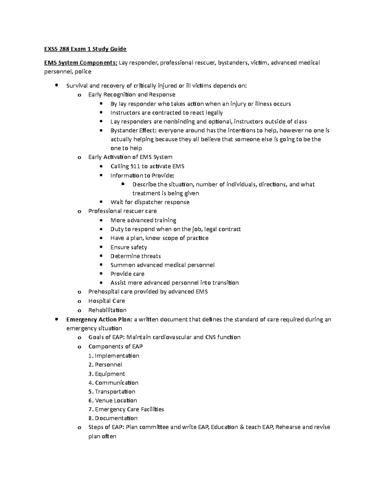 EXSS 288 Exam 1 Lecture Notes - EXSS 288 Exam 1 Study Guide EMS System ...