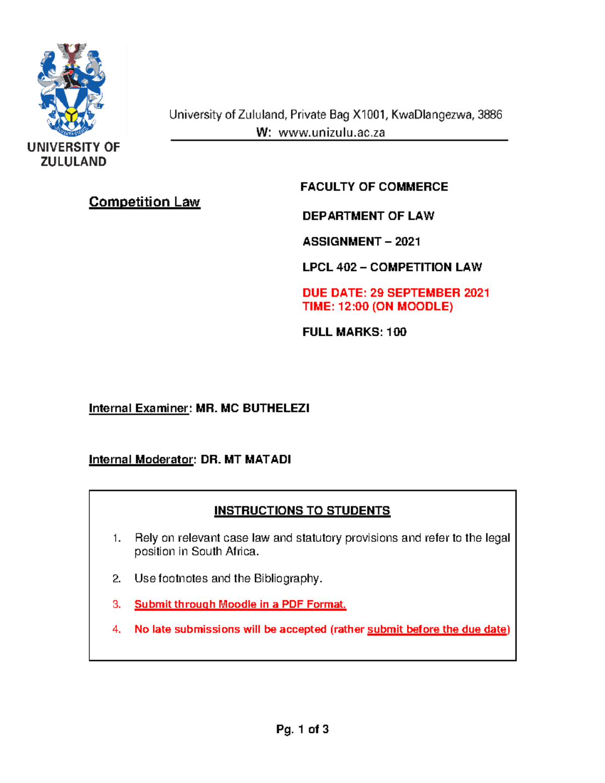 Competition LAW, Assignment - 2021 - Pg. 1 of 3 FACULTY OF COMMERCE ...