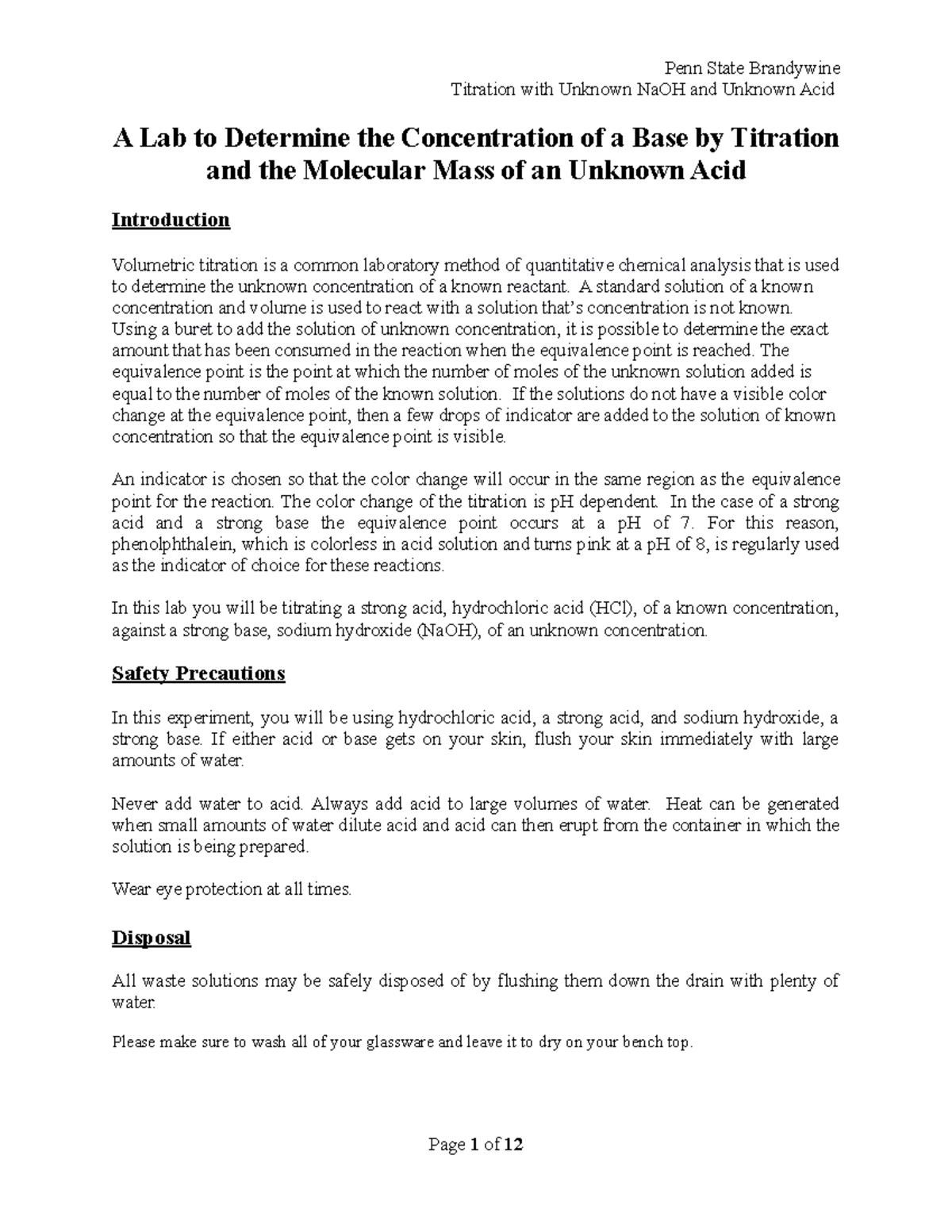 Titration Lab notes - Titration with Unknown NaOH and Unknown Acid A ...