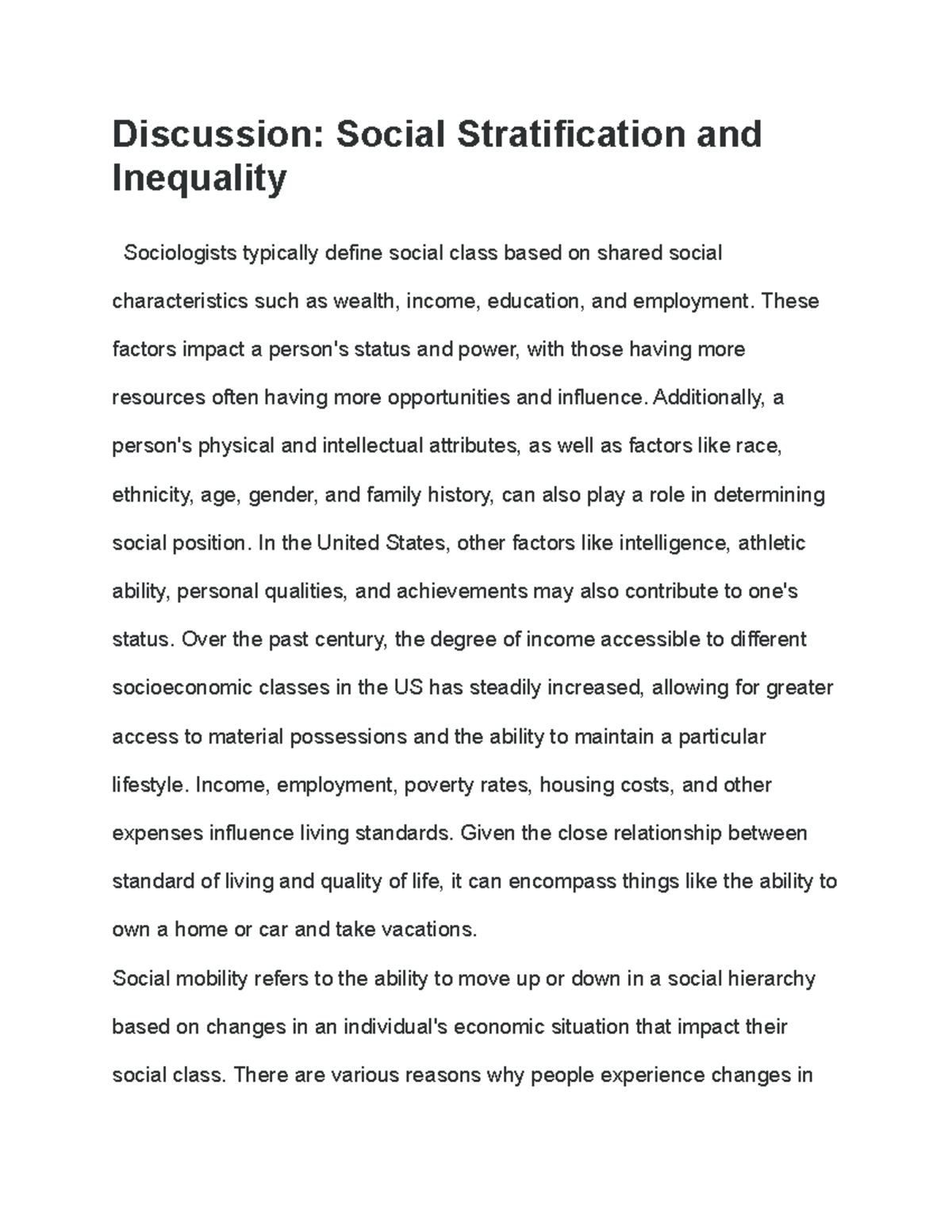 Discussion. soical - Discussion: Social Stratification and Inequality ...